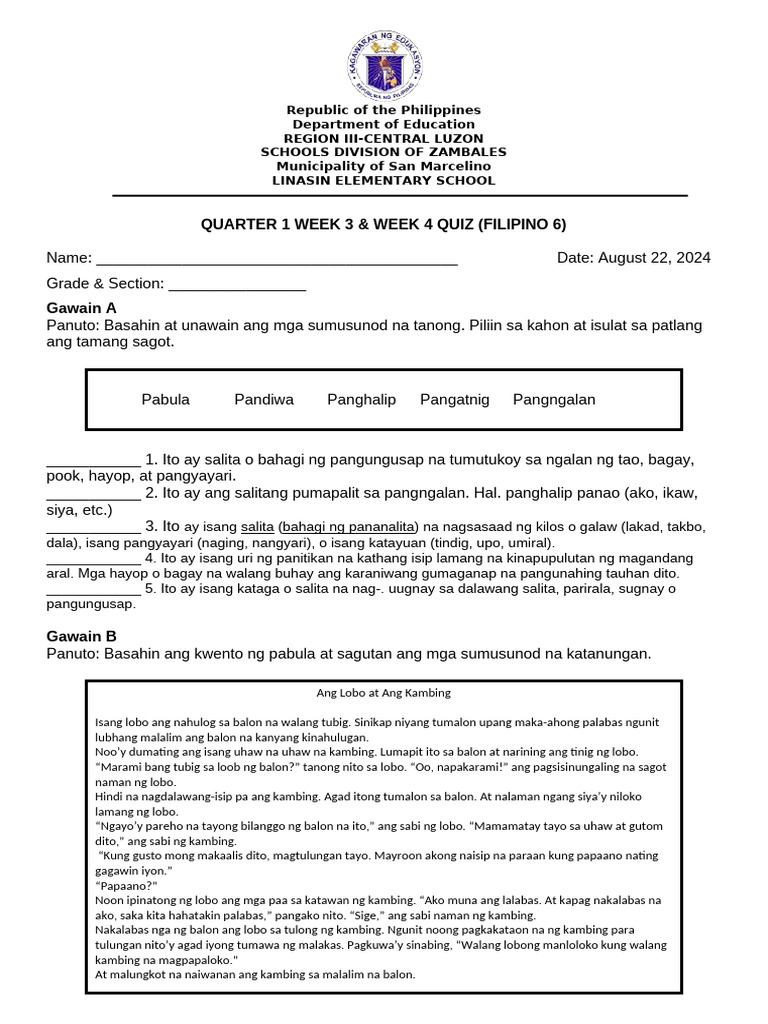 G6 W3&W4 Quiz (Filipino) | PDF