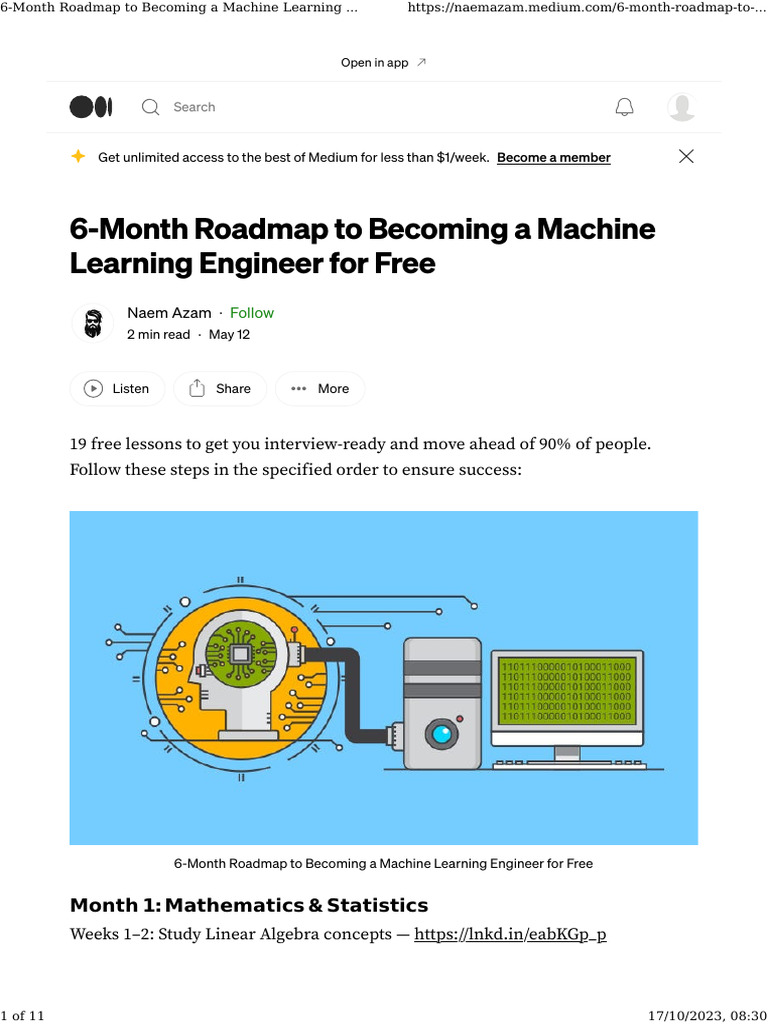 6-Month Roadmap to Becoming a Machine Learning Engineer for Free by Naem Azam Medium | PDF