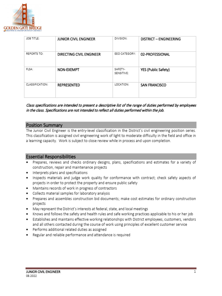 Junior Civil Engr Job Description - 08221 | PDF