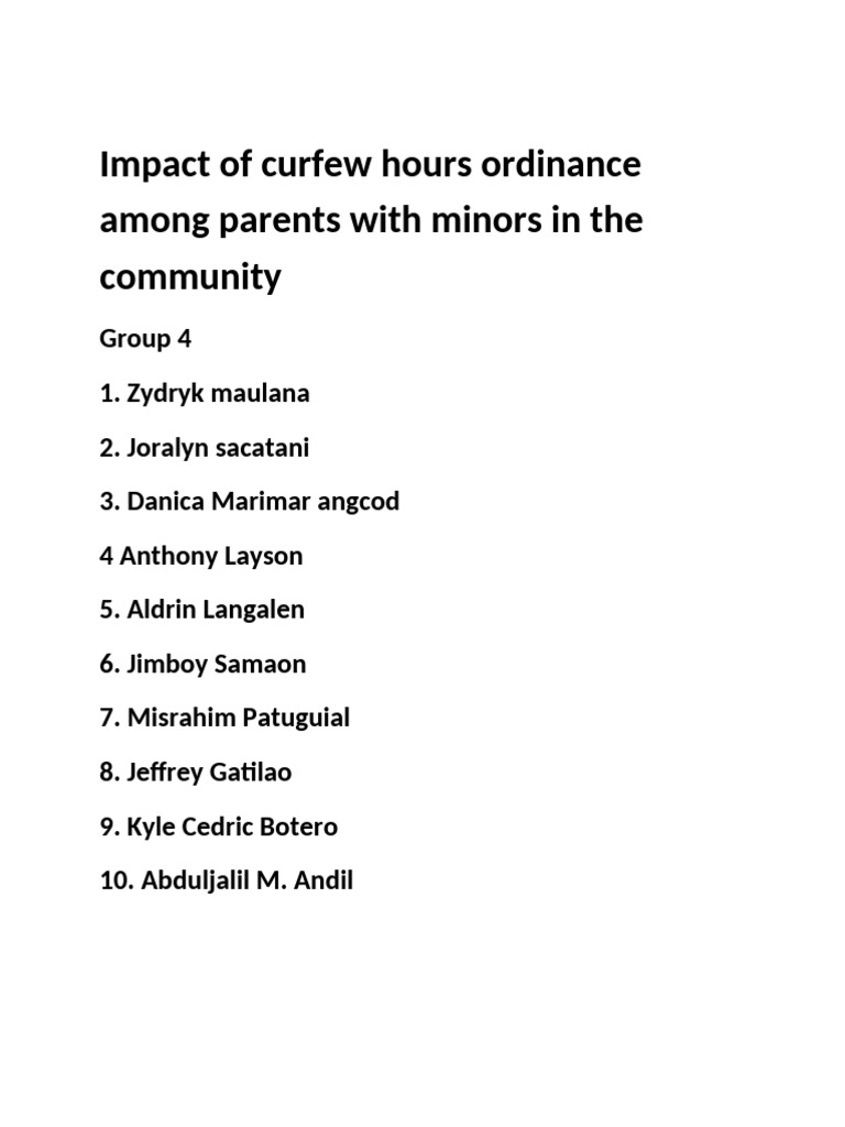 Impact of Curfew Hours Ordinance Among Parents With Minors in The ...