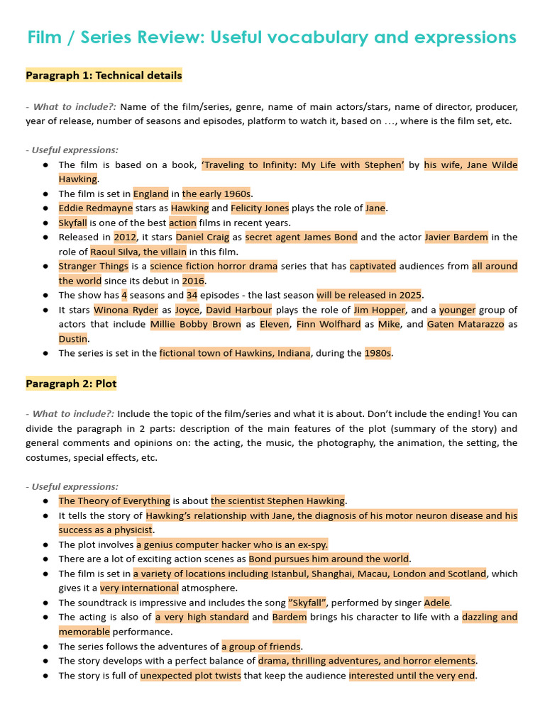 Useful Vocabulary and Expressions To Write A Film Review | PDF