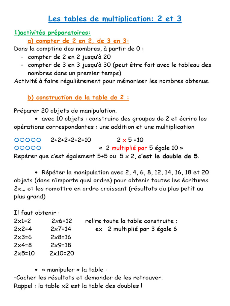 Les Tables de Multiplication Préparation | PDF