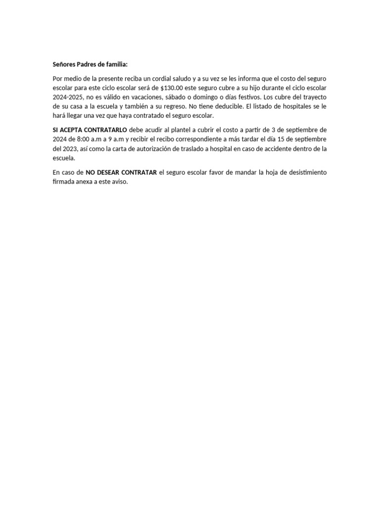 Aviso Seguro Escolar ACTUAL | PDF