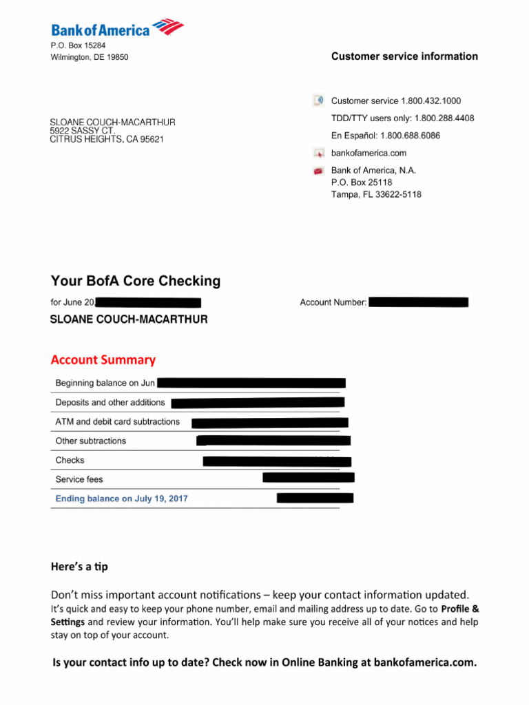 Bank of America Bank Statement 1 | PDF