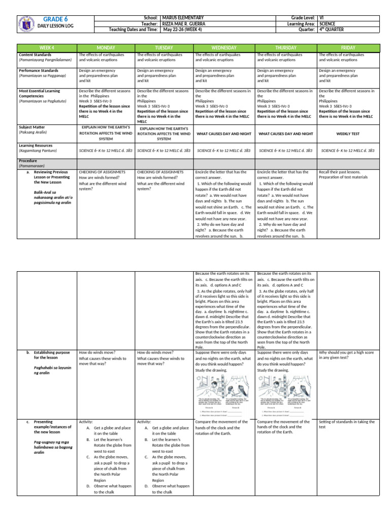 DLL Science 6 Week 4 - Q4 | PDF