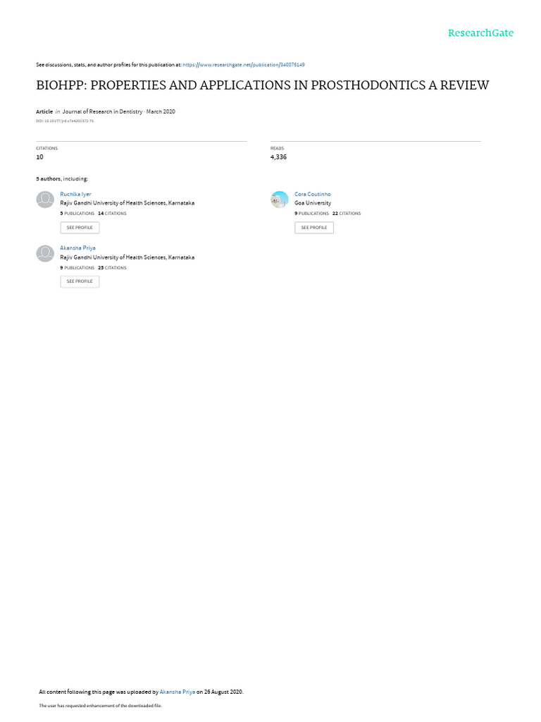 Biohpp Properties and Applications in Prosthodonti | PDF