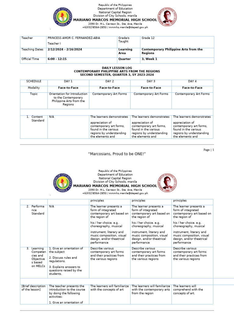 CPAR Q3 W1 2 12to2 16 DAILY LESSON LOG | PDF