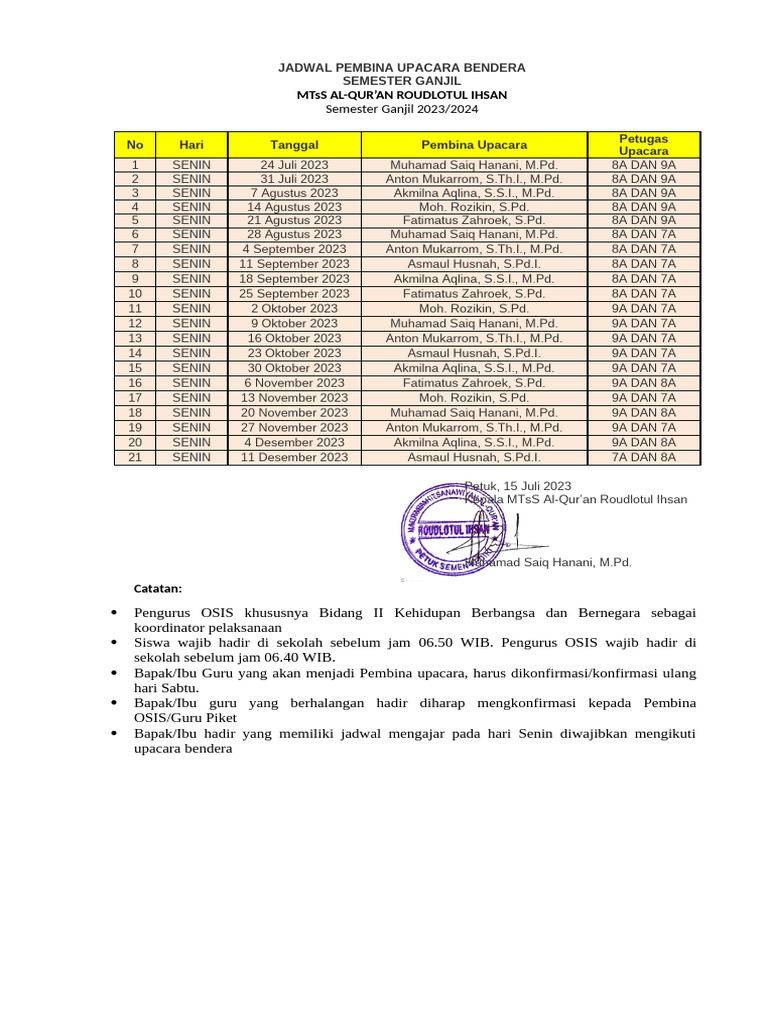 Jadwal Pembina Upacara Bendera Ganjil Genap 2023-2024 | PDF