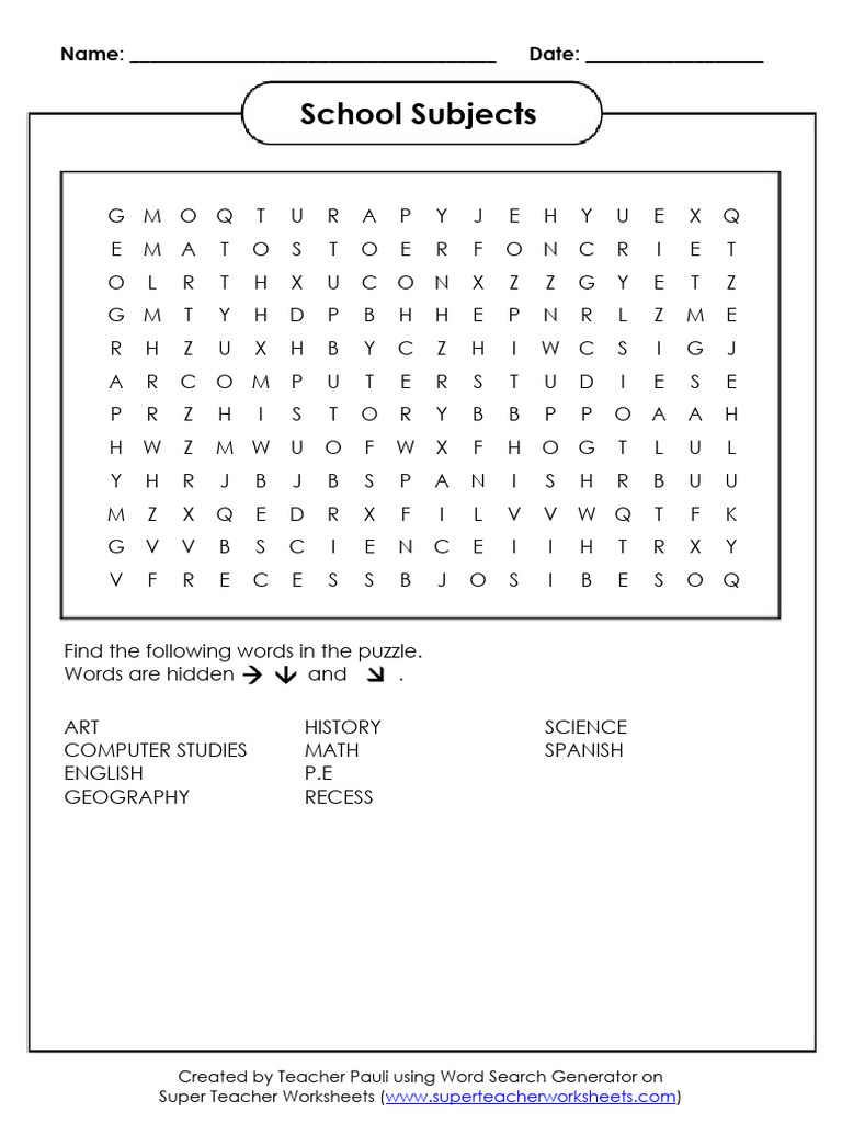 Word Search School Subjects-1 | PDF