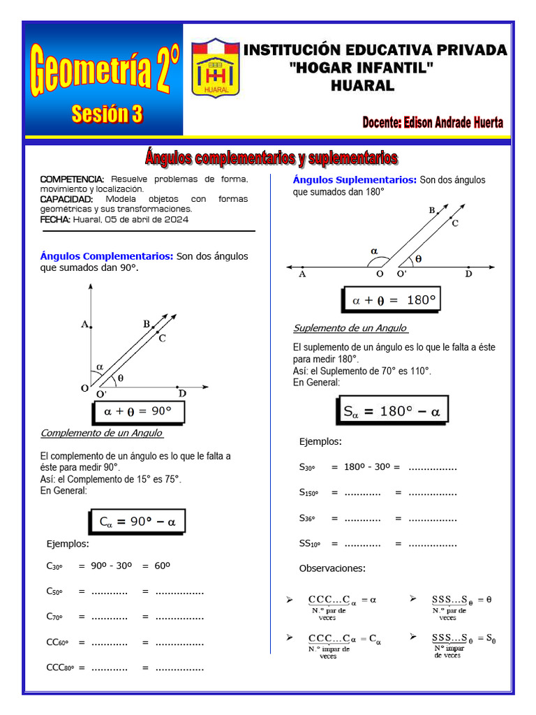 3 Geometría 2° - Ángulos Complementarios y Suplementarios - 2024 | PDF