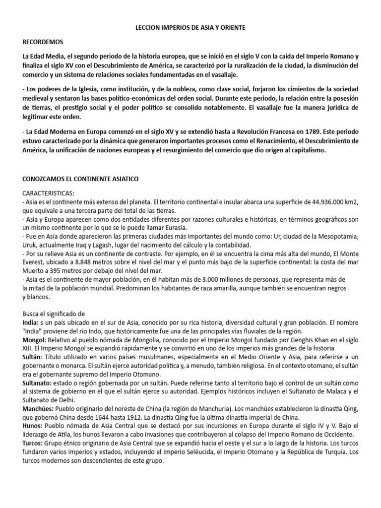 LECCION IMPERIOS DE ASIA Y ORIENTE UNIDAD 3 | PDF