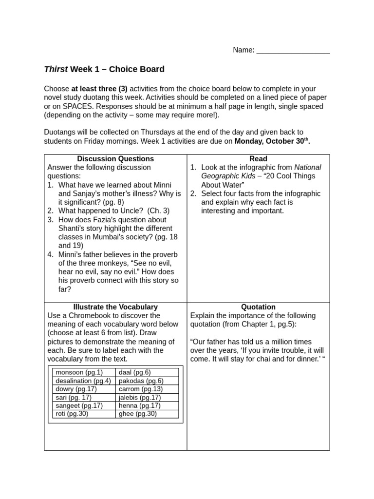 LA - Thirst Week 1 Choice Board | PDF