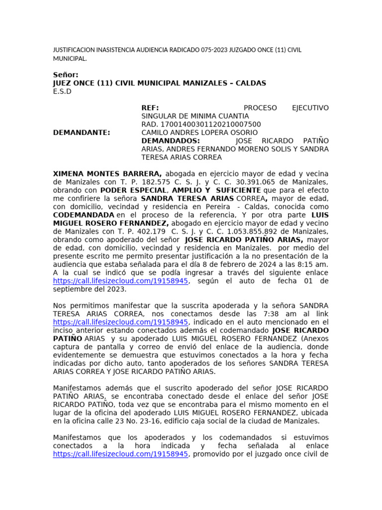 Justificacion Inasistencia Audiencia Radicado 075 | PDF