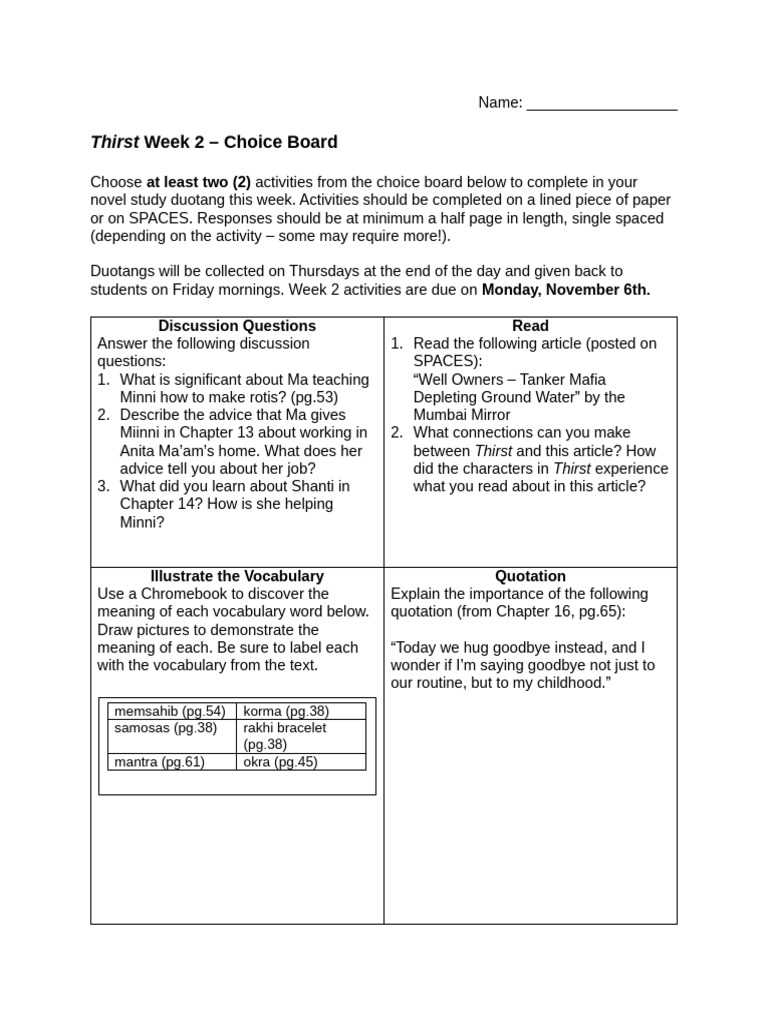 LA - Thirst Week 2 Choice Board | PDF