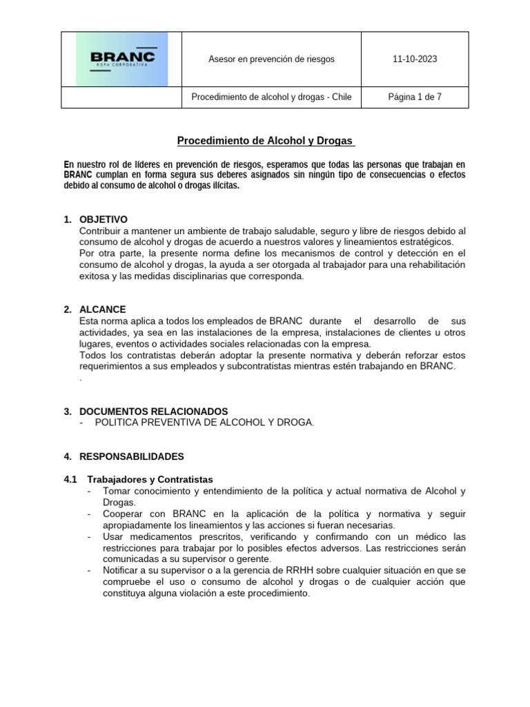 Procedimiento de Alcohol y Drogas. | PDF | La dependencia de sustancias | Drogas