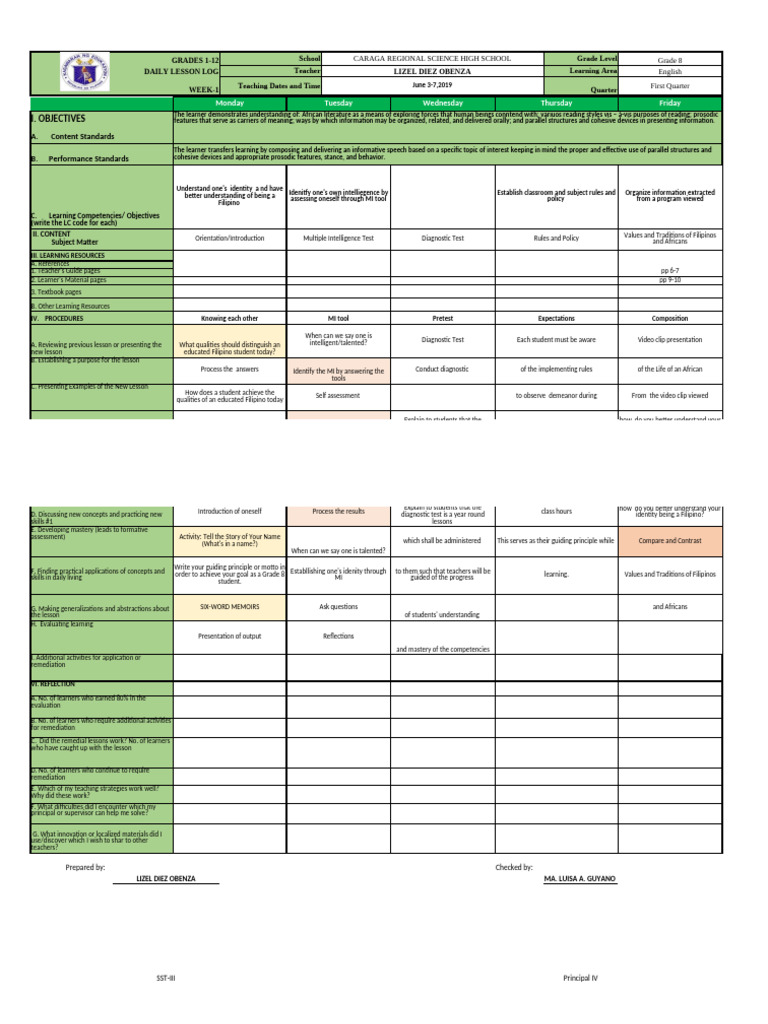 Grade 8 English Daily Lesson Log | PDF | Learning | Educational Assessment
