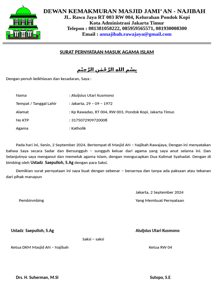 Surat Pernyataan Mualaf | PDF