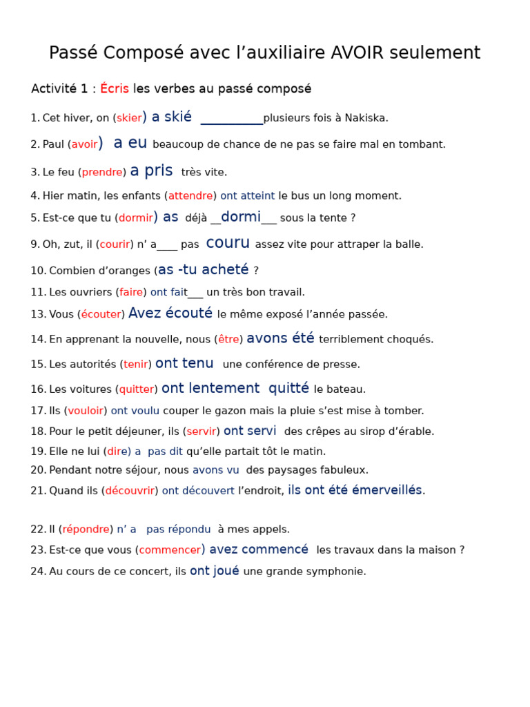 Passe Compose Avec Auxiliaire Avoir Exercice Grammatical Feuille ...