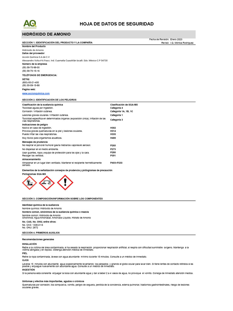 Hidroxido de Amonio Hoja Seguridad | PDF