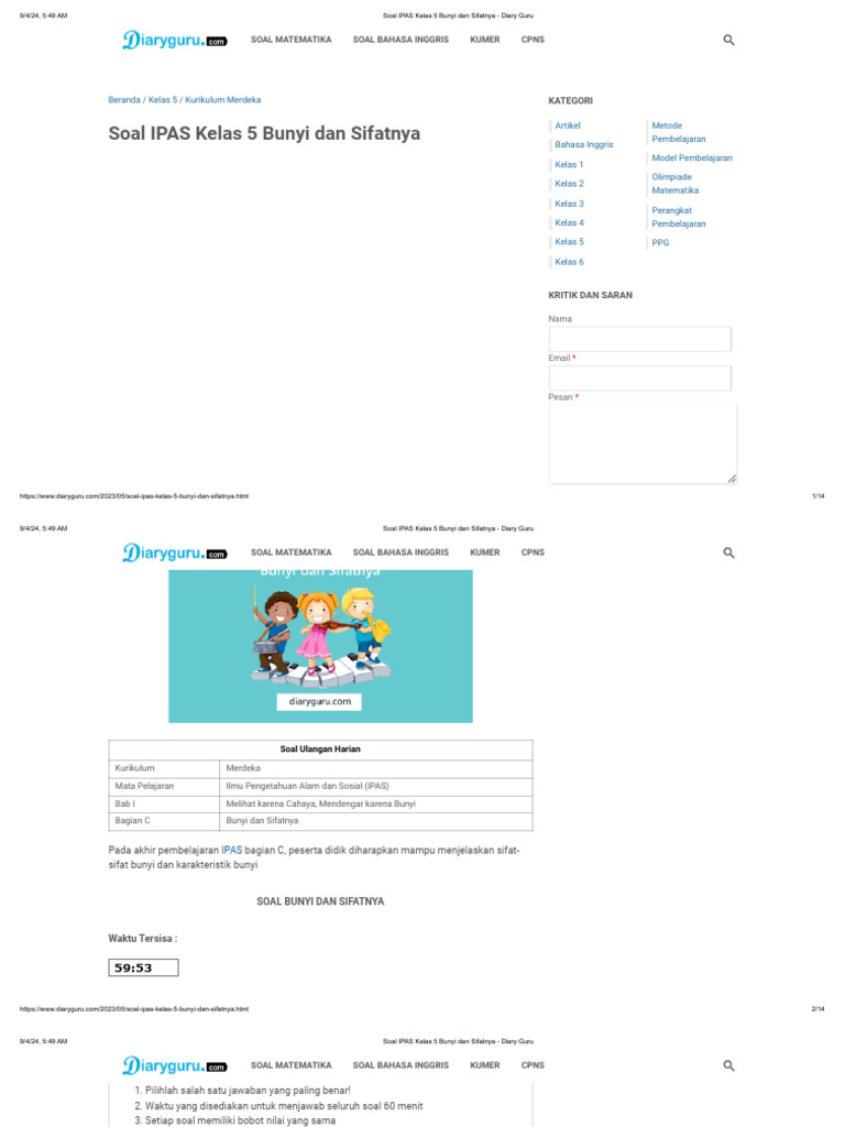 Soal IPAS Kelas 5: Bunyi dan Sifatnya | PDF