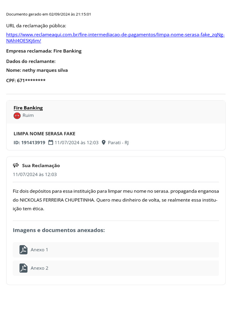 Reclamacao - 191413919 - Fire Banking | PDF