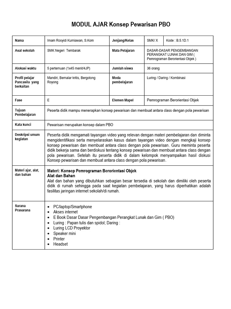 Modul Ajar Pemrograman Berorientasi Objek (Konsep Pewarisan) | PDF
