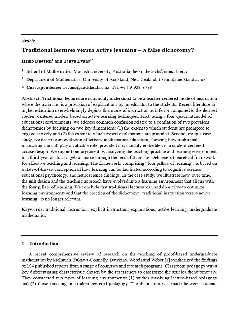 Traditional Lectures VS Active Learning - A False Ditchotomy | PDF