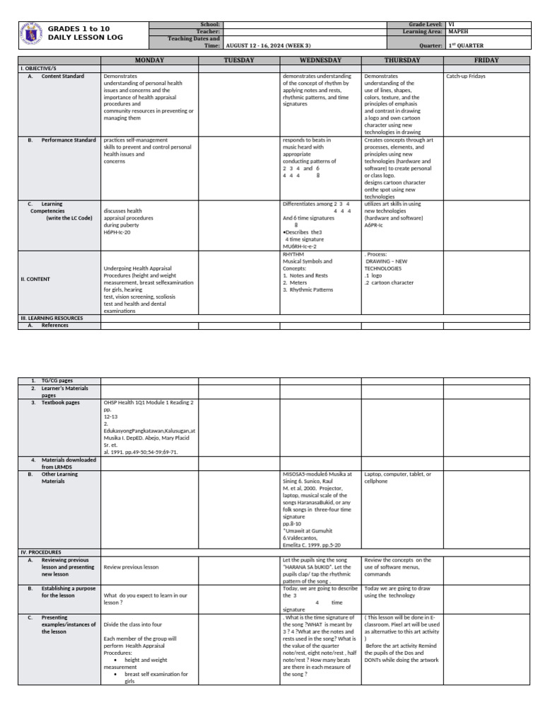 DLL - Mapeh 6 - Q1 - W3 | PDF