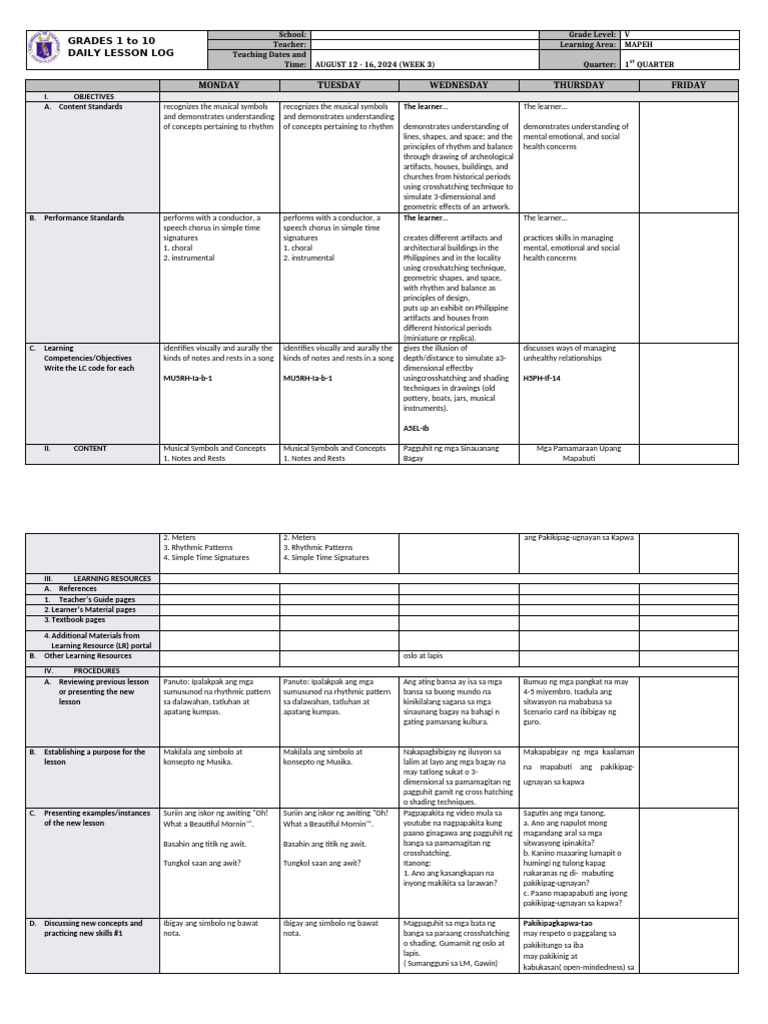 DLL - Mapeh 5 - Q1 - W3 | PDF