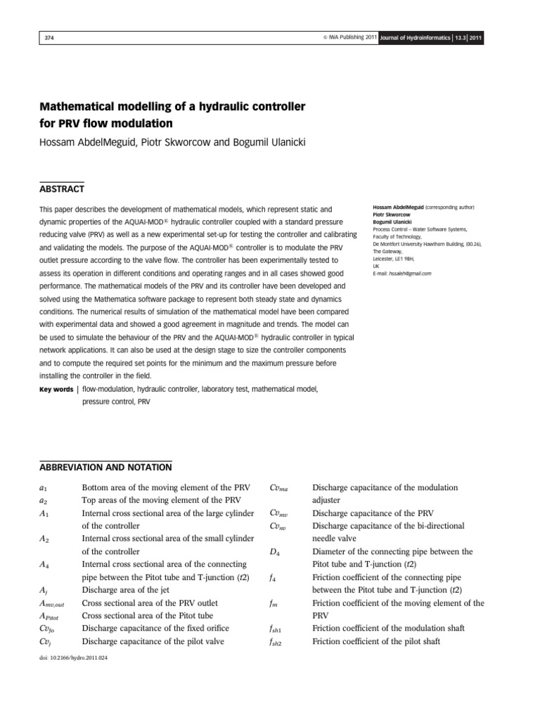 Mathematical Modelling of A Hydraulic Controller For PRV Flow ...