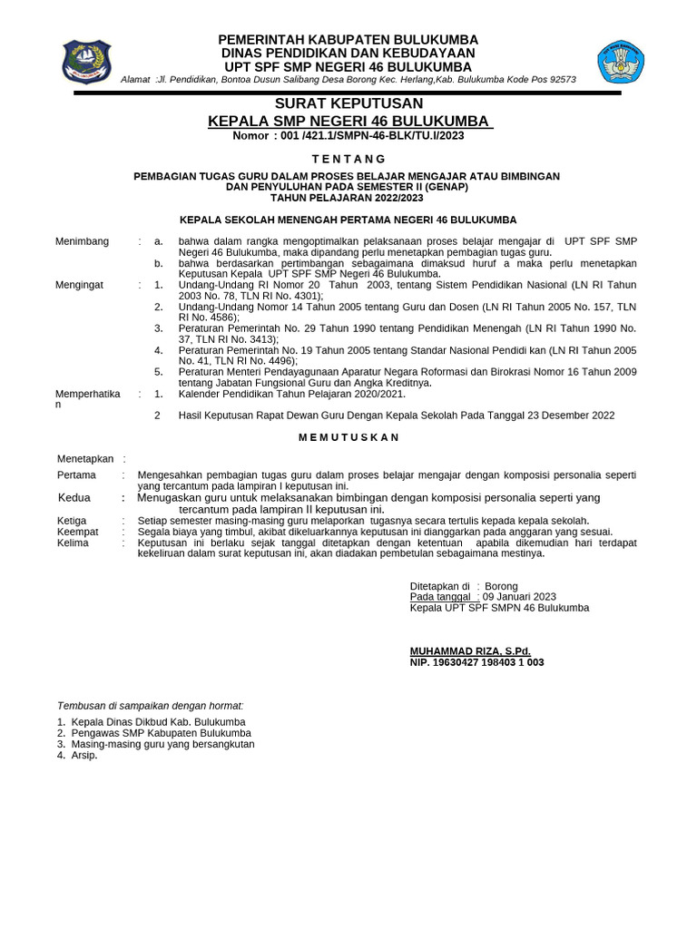 SK PEMBAGIAN TUGAS 2022-2023 Genap | PDF