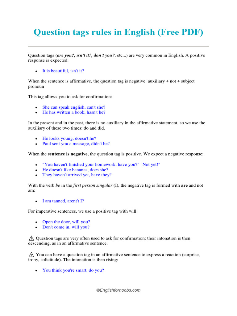 Question Tags Rules in English | PDF