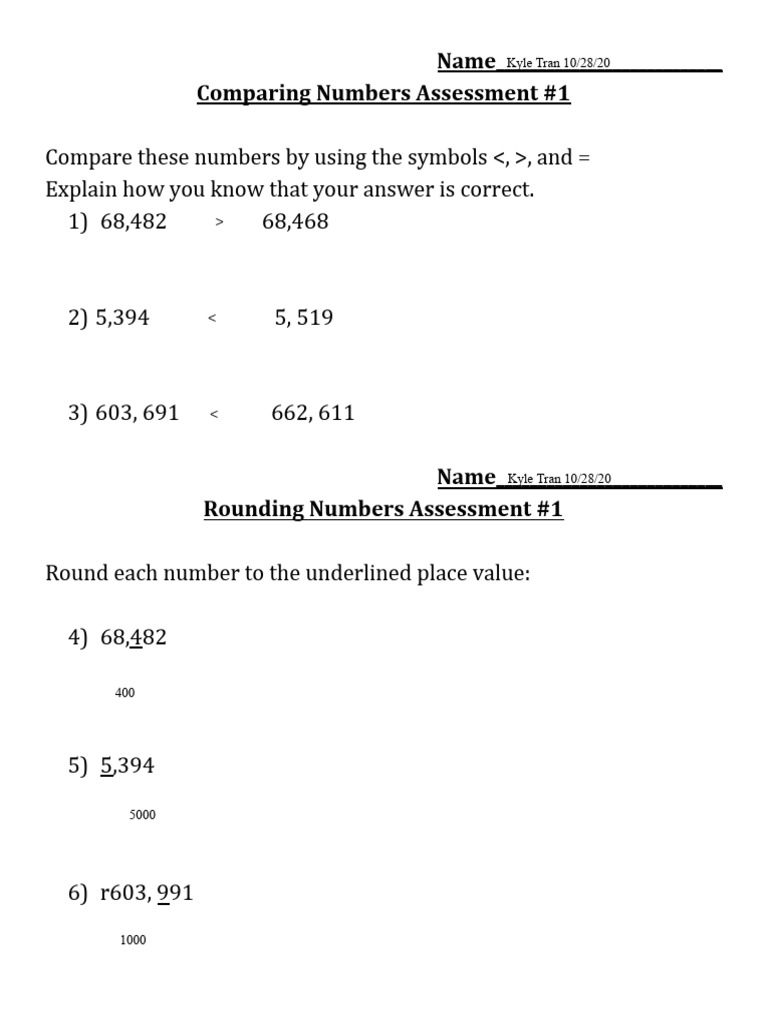 Kyle Tran - Copy of Math - Comparing and Rounding Assessment #1 | PDF