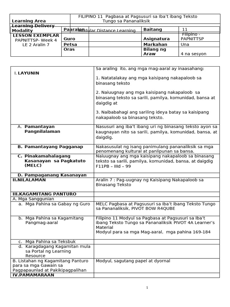 Filipino11 PAPNITTSP Week 4 LE 2 Aralin 7 | PDF