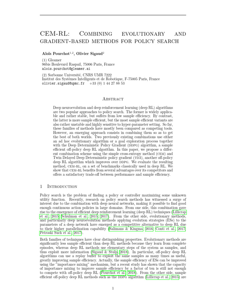 Cem-Rl: Combining Evolutionary and Gradient-Based Methods For Policy Search | PDF