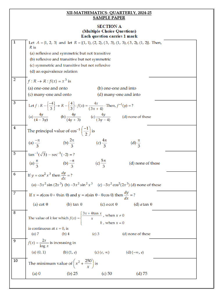 Xii Maths Quarterly Sample Paper | PDF