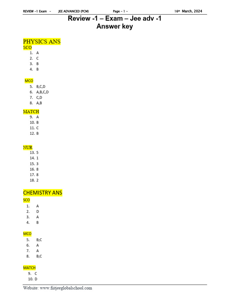 Review Advanced ANSWER Key | PDF