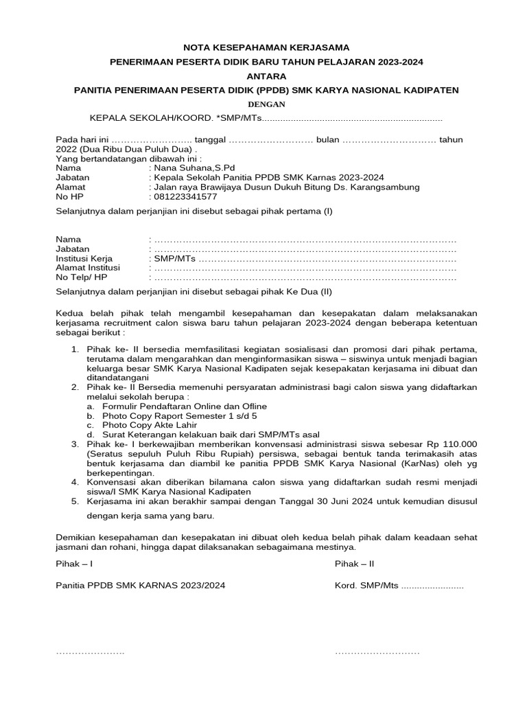 NOTA KESEPAHAMAN KERJASAMA PSB 2024 (AutoRecovered) | PDF