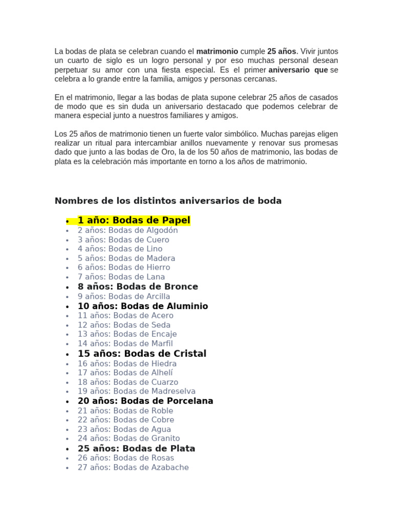 Nombres de los distintos aniversarios de boda | PDF