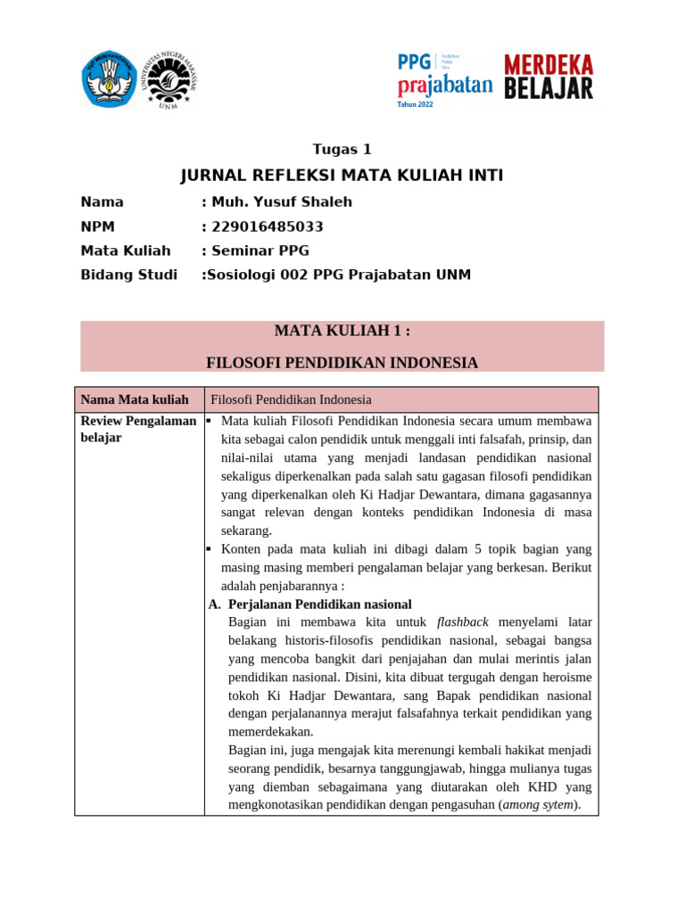Tugas 1 Refleksi Mata Kuliah Umum | PDF