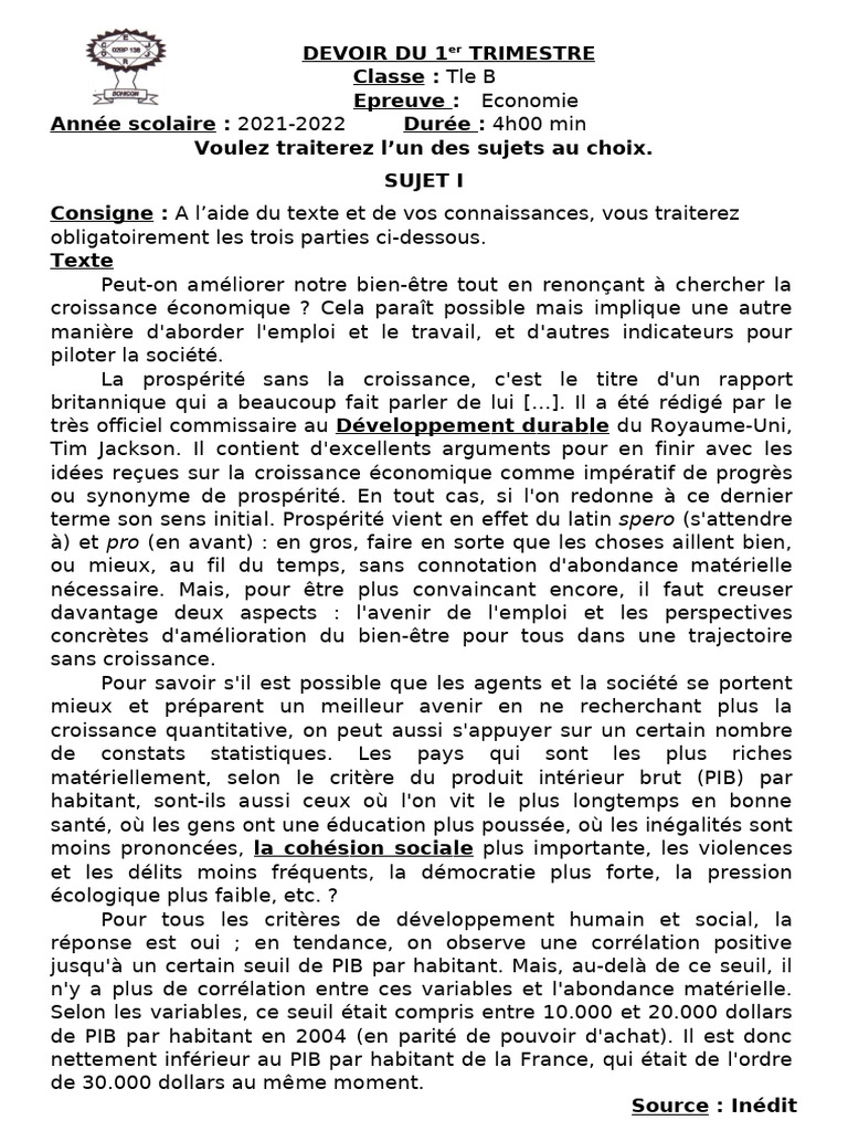DEVOIR DU 1er TRIMESTRE 2021-2022 | PDF
