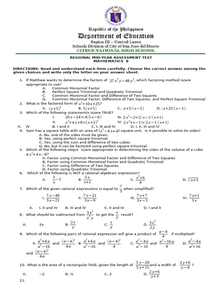 Math 8 Mid-Year Assessment | PDF