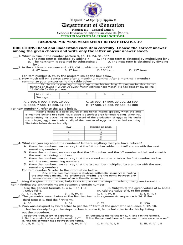 Math 10 Mid-Year Assessment | PDF