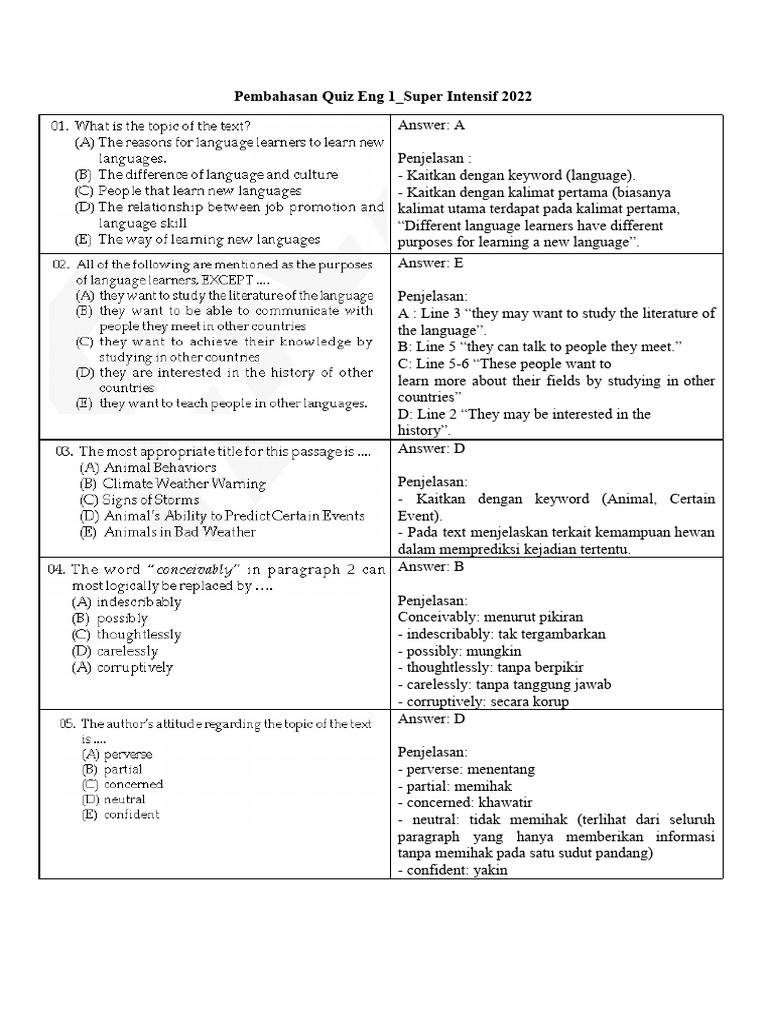 Pembahasan Quiz Eng 1 Super Intensif | PDF