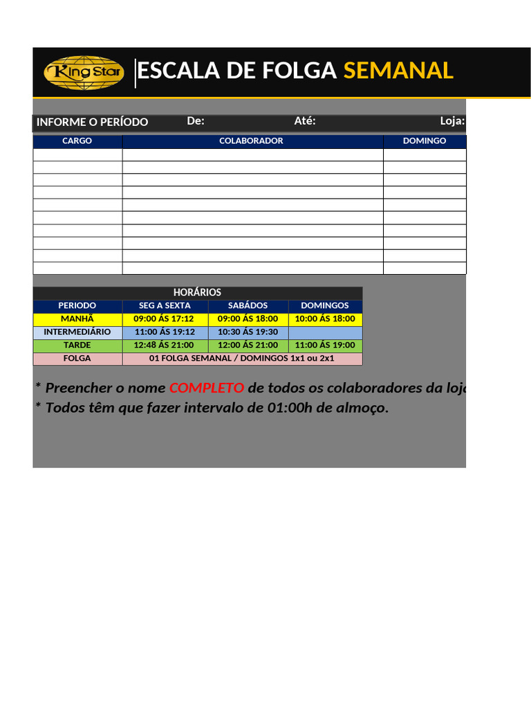 Modelo Escala de Folga Lojas | PDF