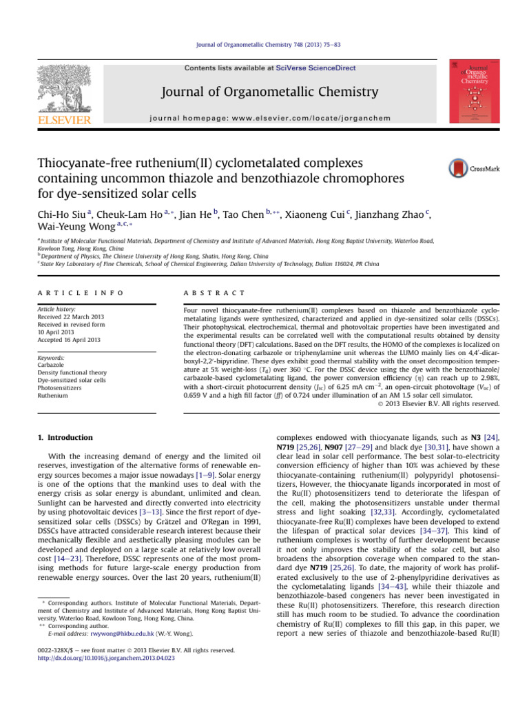 Thiocyanate Free Ru Dye For DSSC | PDF
