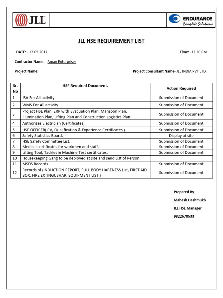 20 HSE Requirement List Part - 1 | PDF