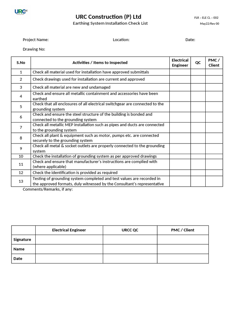 FLR - ELE CL - 002 Installation Check List For Earthing System | PDF