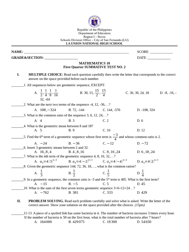 Summative #2 Grade 10 | PDF