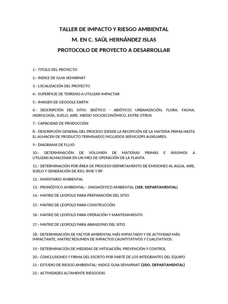 PROTOCOLO PROYECTO TALLER DE IMPACTO Y RIESGO AMBIENTAL | PDF